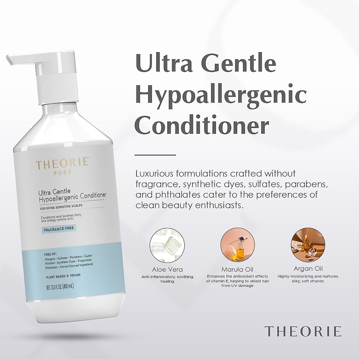Theorie Pure Collection Hypoallergenic Conditioner-Plant & Vegan - Conditions, Soothe Itchy & Allergy Prone Skin - Fragrance-Free - Ultra Sensitive Scalp, Pump Bottle - 400mL - Pack of 1