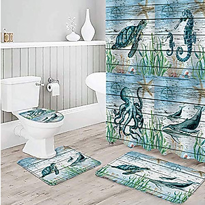 4 Pcs Shower Curtain Set with 12 Hooks Sea Turtle Octopus Whale Wood Grain Bathroom Sets with Non-Slip Bath Mat Toilet Lid Cover Waterproof Durable Shower Curtain and Rugs