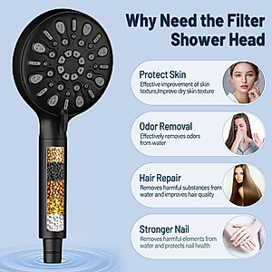 Gabrylly Filtered Shower Head with Handheld, High Pressure 8 Spray Mode Showerhead with Filters, Water Softener Filters Beads for Hard Water - Remove Chlorine - Reduces Dry Itchy Skin, Matte Black