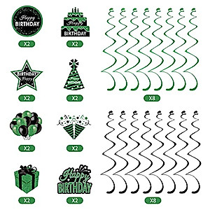 Green Birthday Hanging Swirls Decorations for Women Men, 16Pcs Black and Green Happy Birthday Foil Swirls Party Supplies, 10th 16th 18th 21st 30th 40th 50th 60th Bday Green Theme Swirls Ceiling Decor