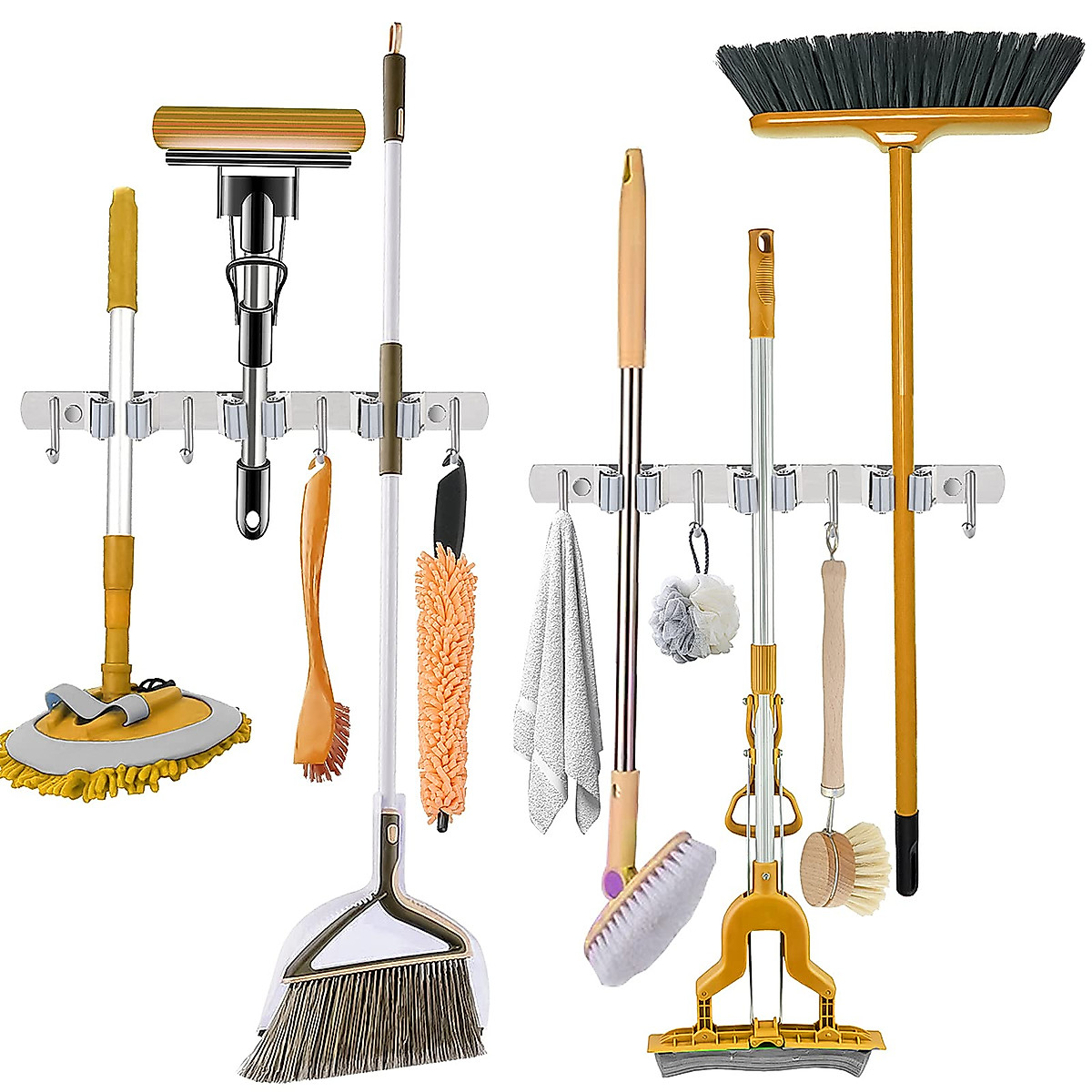 Saxhorn Broom Holder Wall Mount, Mop Holder Organizer Wall Mounted Broom Hanger for Home, Kitchen, Garden, Garage, Laundry Room Organization and Storage(2Pack, 3 Racks 4 Hooks)