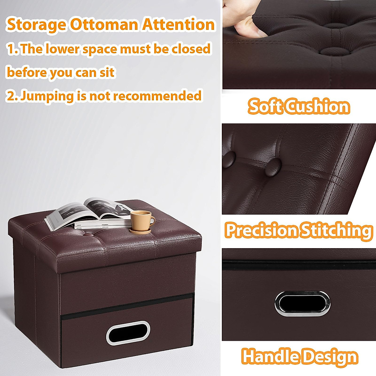 VewePata Multi Zone Folding Storage Ottoman 17 inches Leather Folding Ottomans Foot Rest Stool Storage for Living Room, Bedroom, Dorm. Double Storage Design with Thick Sponge.Brown