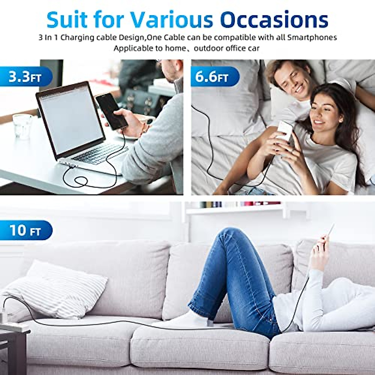 540° Rotation Magnetic Charging Cable, 3 in 1 Magnetic Phone Charger [4-Pack, 3ft/3ft/6ft/10ft] 3A Fast Charging Cable Support Data Transfer USB Magnet Charger Cable for iPhone/Micro USB/Type C Device