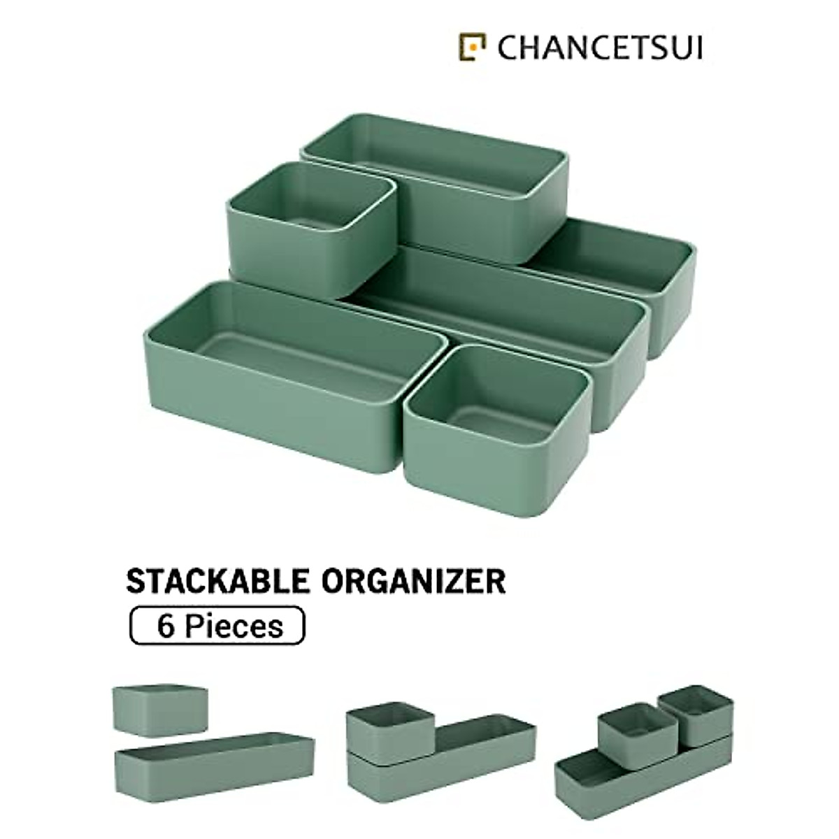CHANCETSUI 6-Piece Stackable Drawer Organizer Set, Rectangle Trays, Narrow Makeup Vanity Storage Bins and Bathroom Office Desk Drawer Dividers, Green