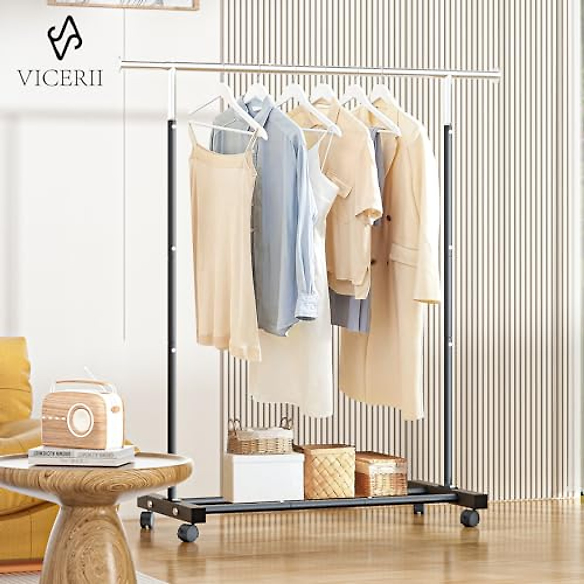 VICERII Clothing Rack, 55.51 Inch Garment Rack with Wheels and Bottom Shelf, 130LB Capacity Heavy Duty Rolling Clothes Racks for Hanging Clothes, Coats, Shirts, Sweaters, Skirts, Dress, Black