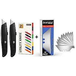 DIYSELF 2 Pack Box Cutter Retractable with 10 Pack Utility Knife Blades, Sharp SK5 Steel Utility Blades, Box Cutters for Cardboard, Paper, Carton(Black)