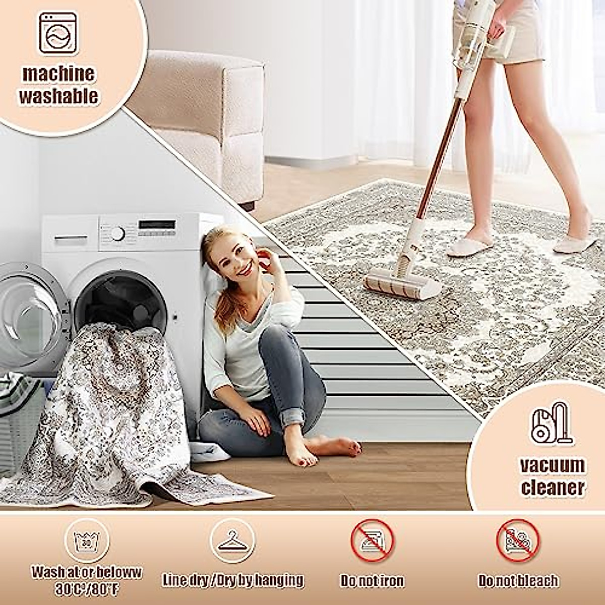 Area Rug Living Room Rugs: 8x10 Washable Oriental Persian Carpet for Bedroom Under Dining Table Large Farmhouse Floral Distressed Indoor Non Slip Decor Home Office Nursery - Beige