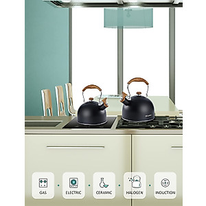 Tea Kettle, BELANKO 85 OZ / 2.5 Liter Whistling Tea Kettle, Tea Pots for Stove Top Food Grade Stainless Steel with Wood Pattern Folding Handle, Loud Whistle Kettle for Tea, Coffee, Milk - Black