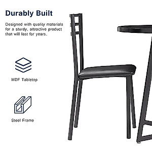 VECELO 3 Piece Kitchen Dining Room Set, Wood Round Table for Breakfast Nook Small Space, Dinette with 2 Cushioned Chairs, Matte Black