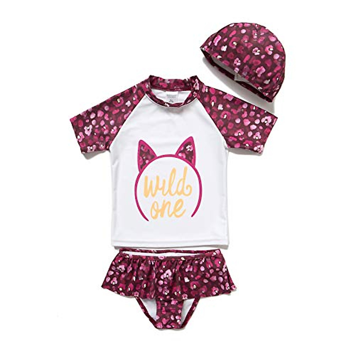 BONVERANO Little(Big) Girls Rashguards UPF 50+ Sun Protection Two Pieces Swimsuit with (Pink-Mao, 3-6M)