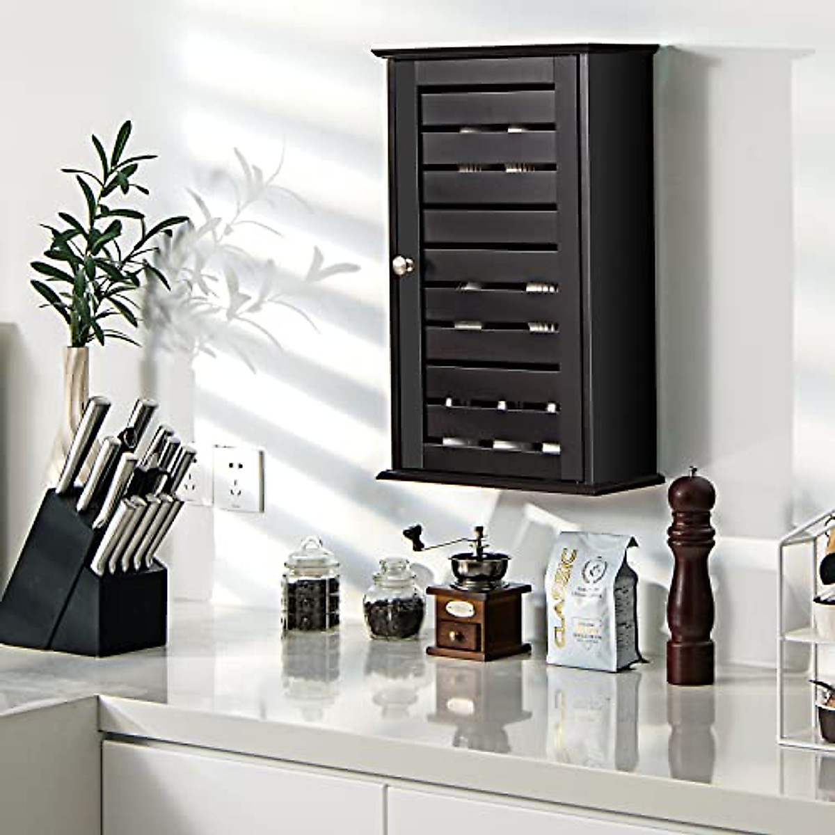 Tangkula Bathroom Wall Cabinet, Medicine Cabinet with 3 Tier Adjustable Storage Shelves with Single Louvered Door, Hanging Cupboard for Home Living Room Kitchen Bedroom Hotel (Brown)