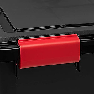 IRIS USA 74 Quart WEATHERPRO Plastic Storage Box with Durable Lid and Seal and Secure Latching Buckles, Weathertight, Black with Red Buckles, 4 Pack