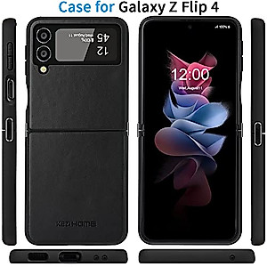 KEZiHOME Samsung Galaxy Z Flip 4 Case, Samsung Z Flip 4 Genuine Leather Case, Slim Thin Shockproof Full-Body Protective Cover Phone Case Compatible with Galaxy Z Flip 4 5G (Black)