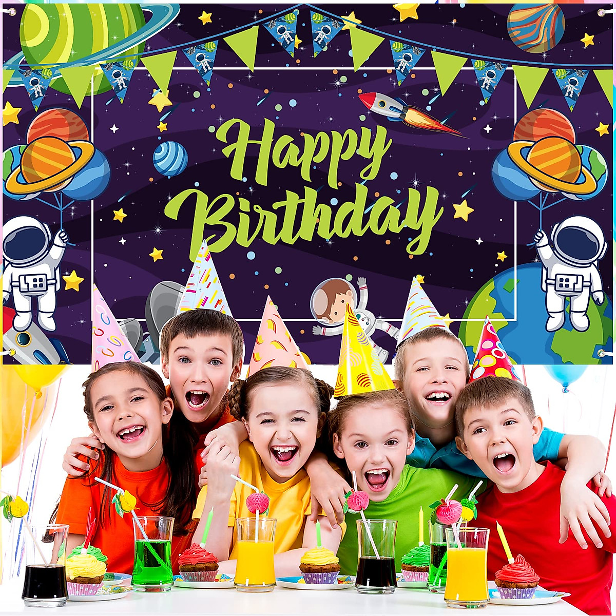 Space Birthday Decorations Banner Outer Space Happy Birthday Banner Backdrop, Astronaut Rocket Space Birthday Banner Space Themed Party Decorations Supplies for Boys Girls Kids 72.8x43.3 Inch