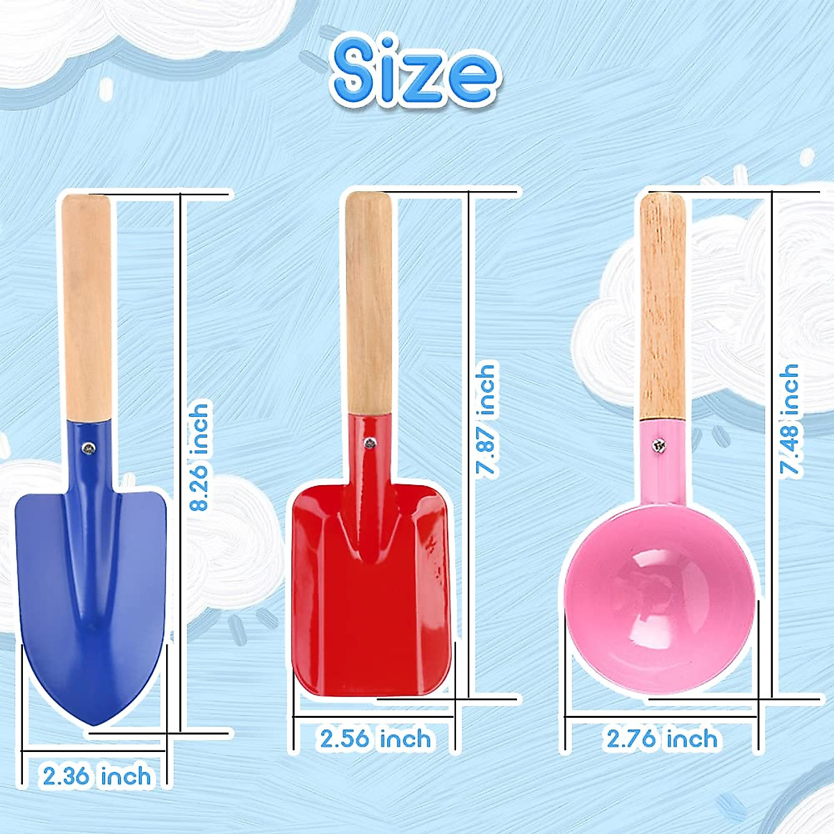UMUACCAN 6 Piece Kids Beach Tools,Children Beach Sand Toys, Made of Metal with Sturdy Wooden Handle,Safe Beach Gardening Set,Spoon, Fork, Trowel, Rake & Shovel, Gifts for Kids