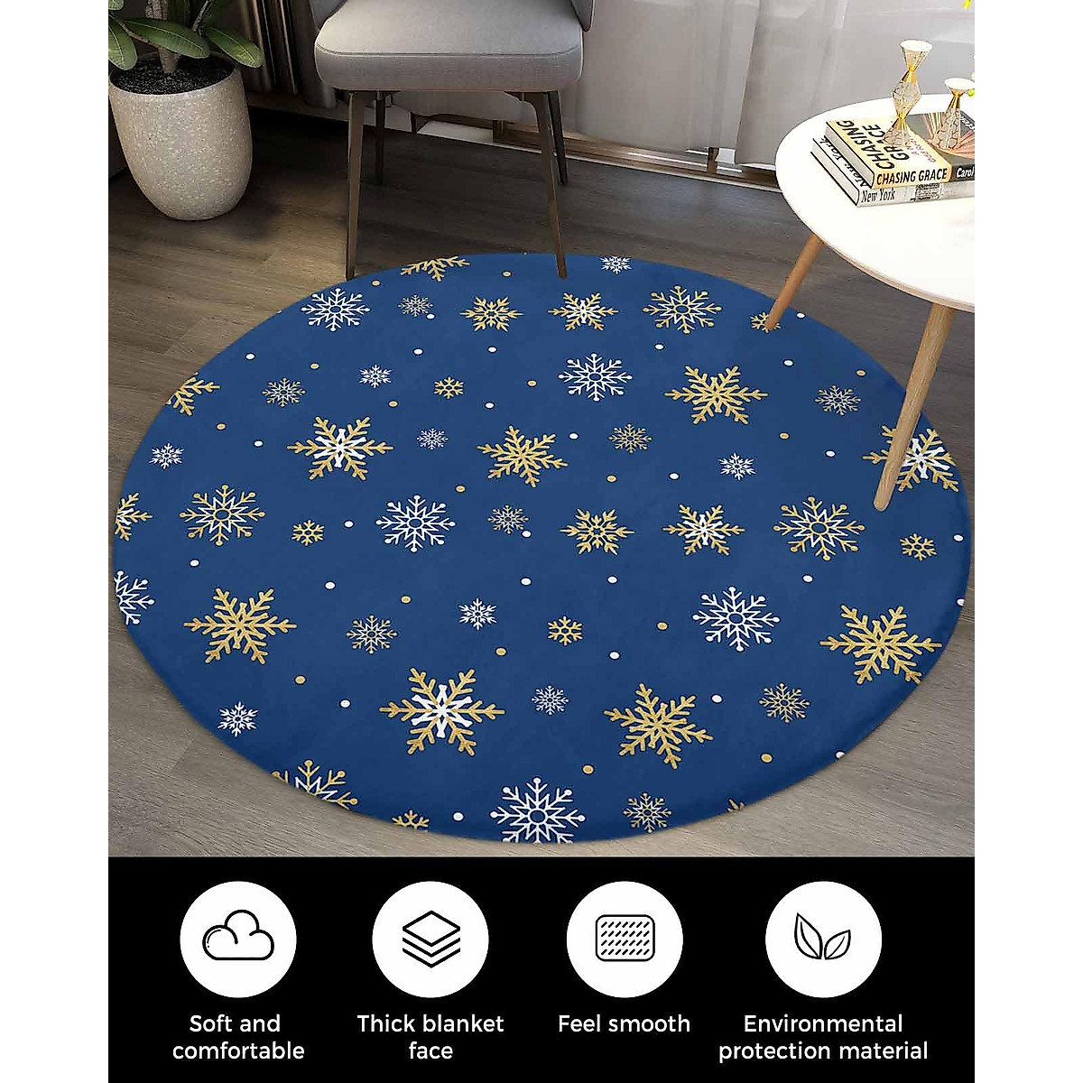 Navy Gold Snowflake Fluffy Round Area Rug Carpets 3.3ft, Plush Shaggy Carpet Soft Circular Rugs, Non-Slip Fuzzy Accent Floor Mat for Living Room Bedroom Nursery Decor Christmas Minimalist White Blue