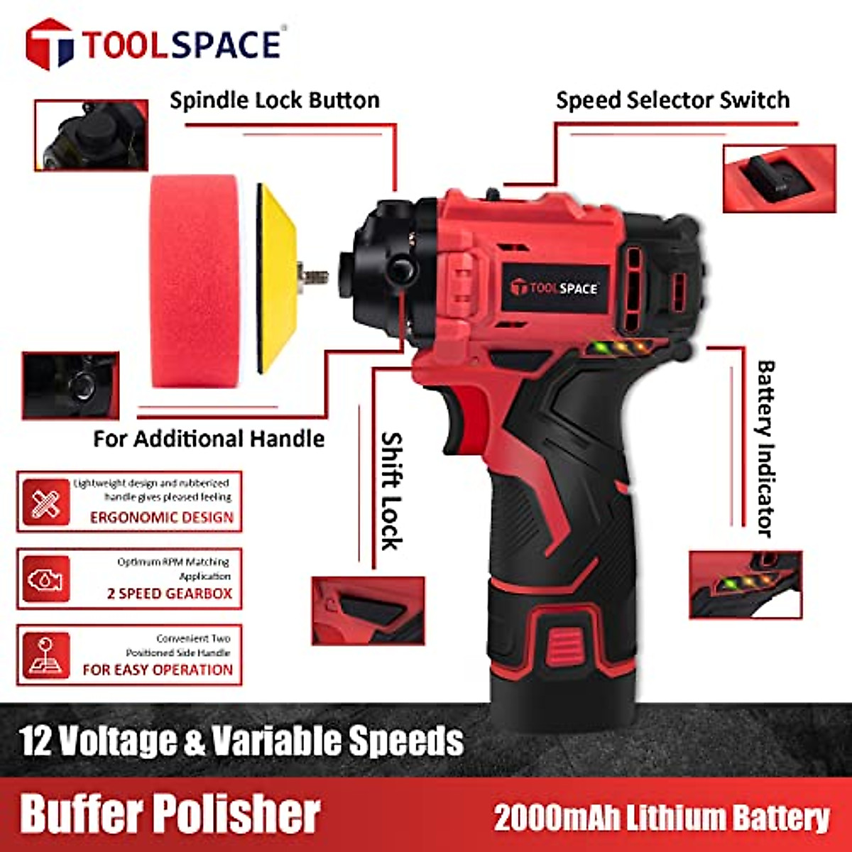 TOOLSPACE 12V Cordless Buffer Polisher, 3" Mini Car Detailing Buffer & Sander Machine Kit with 2 Li-Ion Batteries, 46pcs Variable Speed Trigger for Auto/DIY Polishing/Sanding/Waxing