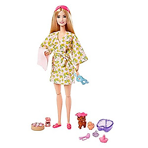 Barbie Self-Care Doll, Blonde Posable Spa Day Doll in Lemon Bathrobe with Puppy & Accessories Like Headband & Eye-Mask
