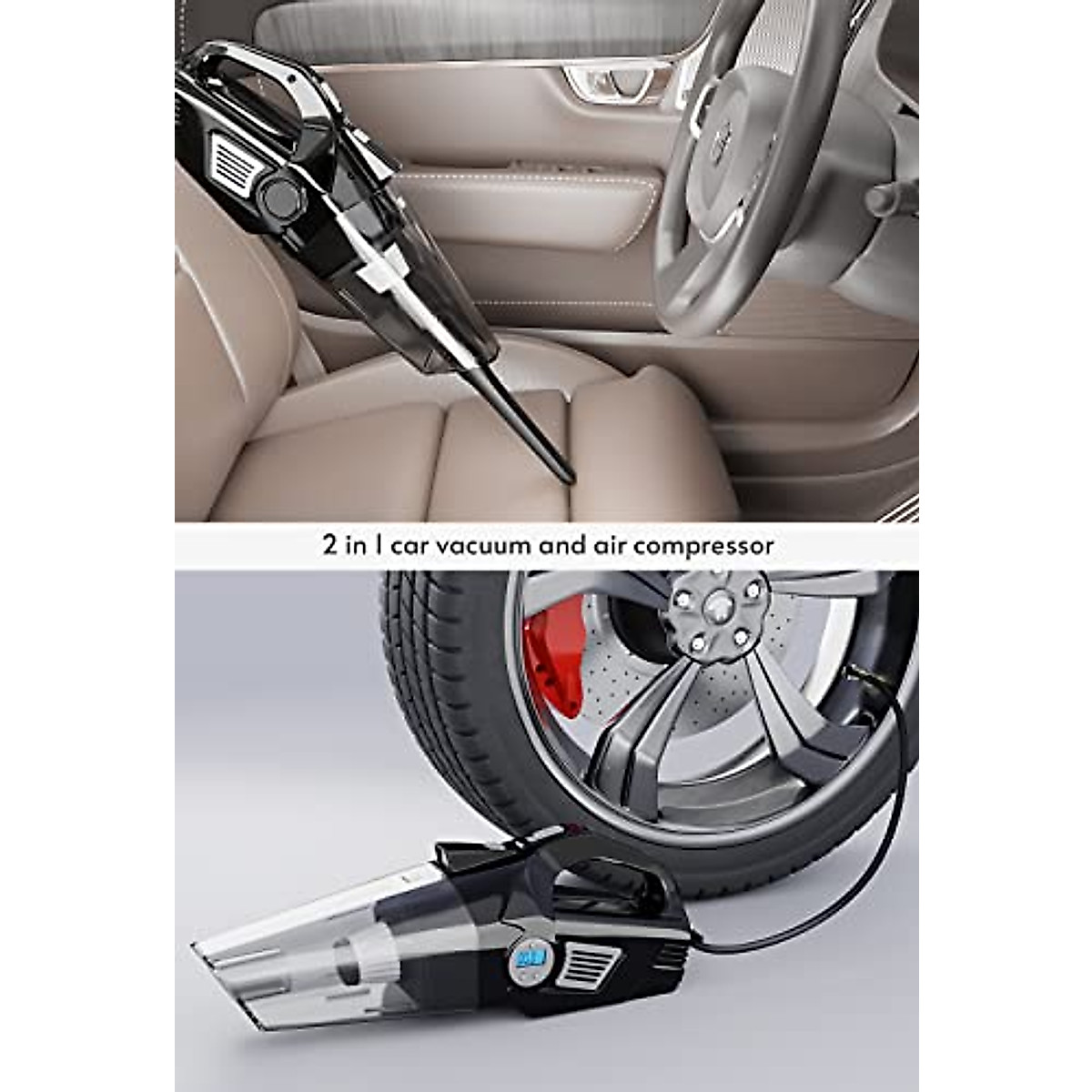 AMEBIBO 4-in-1 Car Vacuum Cleaner, Tire Inflator Portable Air Compressor with Digital Tire Pressure Gauge LCD Display and LED Light, 12V DC Air Compressor Pump, 14,8FT Cord