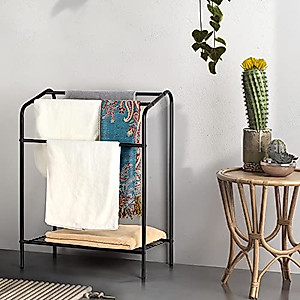 Freestanding Towel Rack Black Hand Towel Drying Rack for Bathroom 3 Tier Blanket Ladder for Living Room Drying and Display Storage Rack with Shelf, Black