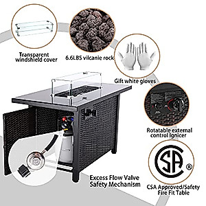 CUREALLSO Propane Gas Fire Pit Table, 43 Inch 50,000 BTU Rattan Look Auto-Ignition Outdoor Fire Tables, with Glass Wind Guard ,Waterproof Cover,CSA Approved for Garden Patio Backyard Deck Poolside