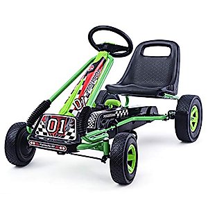 Costzon Go Kart for Kids, 4 Wheel Off-Road Pedal Go Cart w/Adjustable Seat, Steering Wheel, 2 Safety Brakes, EVA Rubber Tires, Ride-On Toys for Boys & Girls, Outdoor Racer Ride On Pedal Car (Green)