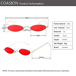 COASION Vintage Small Oval Aesthetic Sunglasses Retro for Women Men Hippie Cool Metal Frame Sun Glasses (Gold Frame/Red Lens)