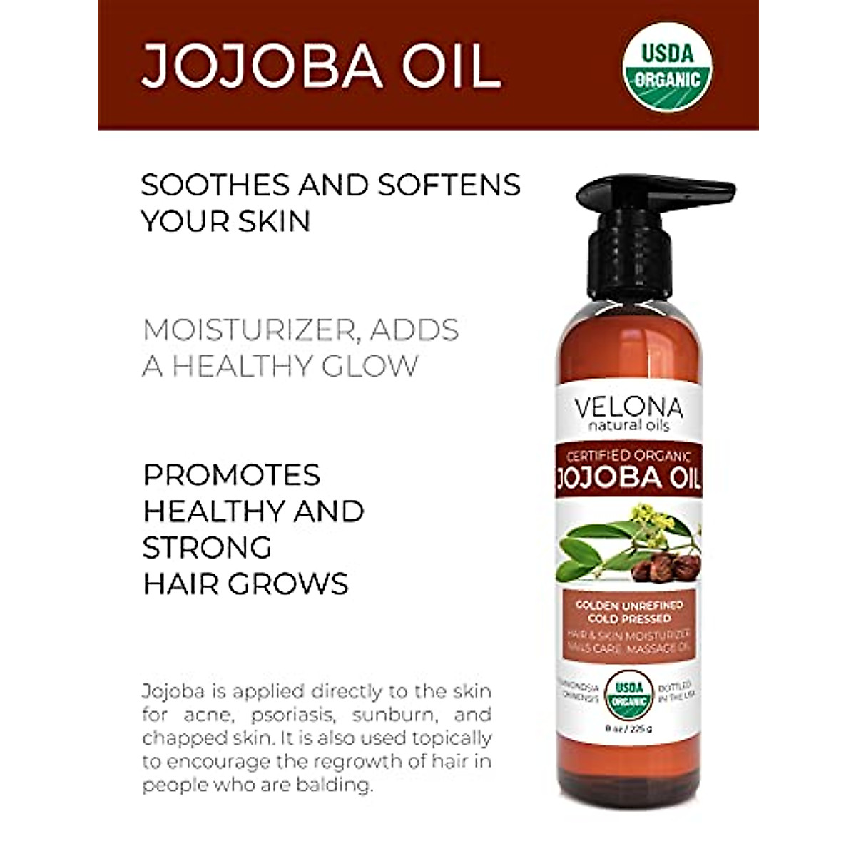 Velona Organic Jojoba Oil 8 oz - 100% Pure, Unrefined Cold Pressed for Face, Hair, Body, Acne Prone Skin Care, Stretch Marks & Cuticles (With Pump)