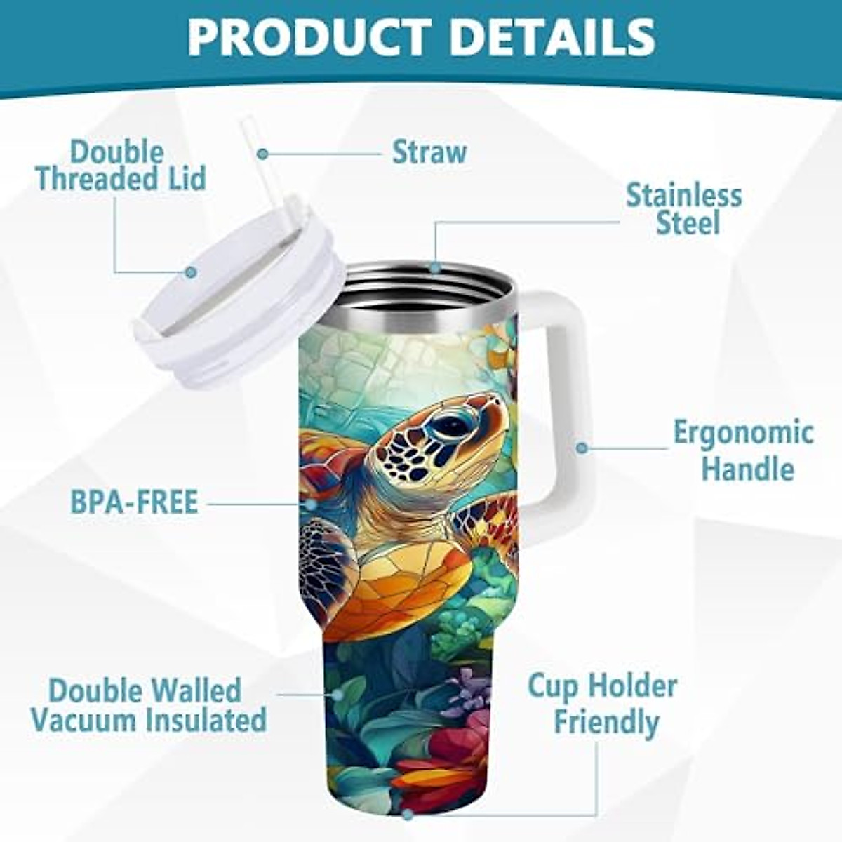 Slewiaeky Tumbler with Handle 40 oz Lovely Tortoise Turtle Travel Mug with Lid and Straw Ocean Stainless Steel Vacuum Insulated Water Bottle Cup for Iced Tea Coffee Cold Beverages Cup Holder Friendly