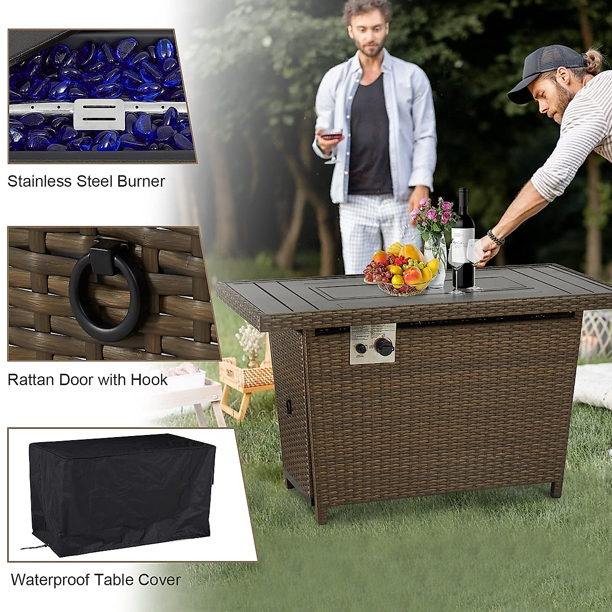 Kinsuite Propane Tank Cover Table 16" Side Hideaway Wicker Tank Table for Gas Fire Pits, Rattan Tank Table Cover with Storage & Adjustable Foot for Standard 20 Gallon Propane Tanks, Brown