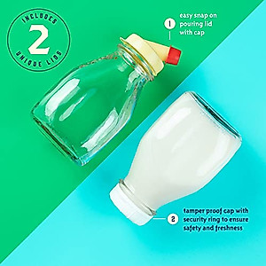 Kitchentoolz 16 Oz Glass Milk and Creamer Bottle with Caps - Perfect Milk Container for Refrigerator Storage - 16 Ounce Short and Wide Glass Milk Bottle with Tamper Proof Lid and Pour Spout - Pack of 1