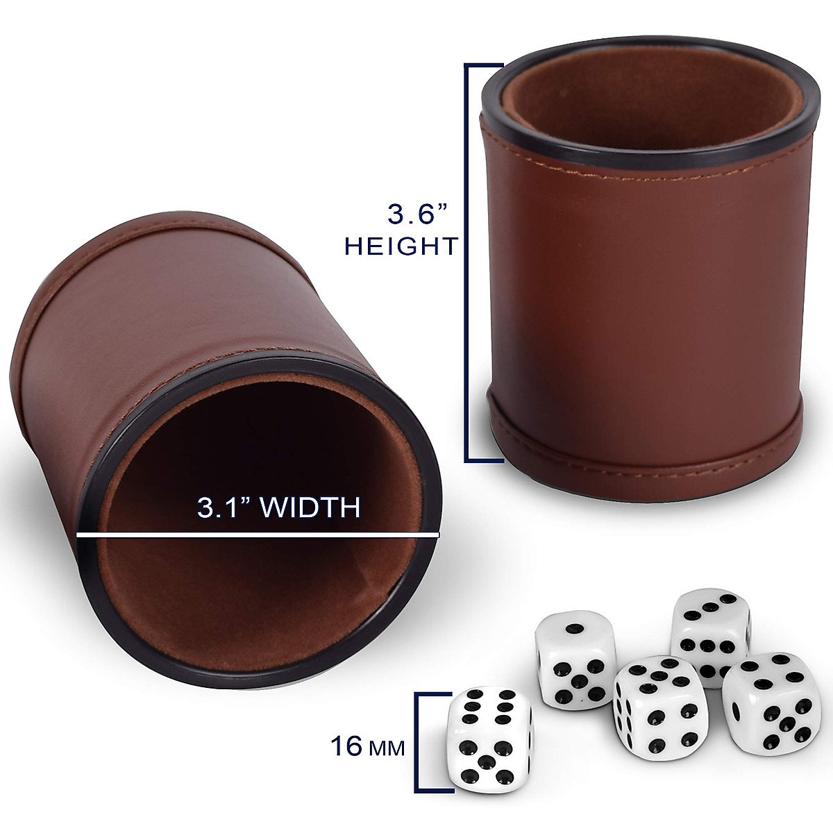 RNK Gaming 5 Pack of Professional Dice Cups PU Leather and Brown Velvet Lined, Includes 25 White Six-Sided Dice