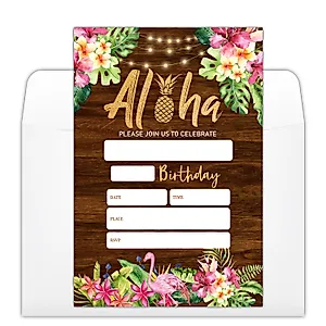 Hawaiian Aloha Birthday Party Invitations Cards with Envelopes, Summer Pool Party Invitations, Tropical Summer Birthday Celebration Supplies, Double-sided Fill-in bday Invites for Boys Girls- A11