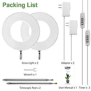 LBW Grow Lights for Indoor Plants, 144 LEDs Full Spectrum Plant Light, Large Plant Lamp with 4 Dimmable Levels, 4/8/12H Auto Timer, Height Adjustable, Halo Growing Lamp for Tall Plants, 2 Pack
