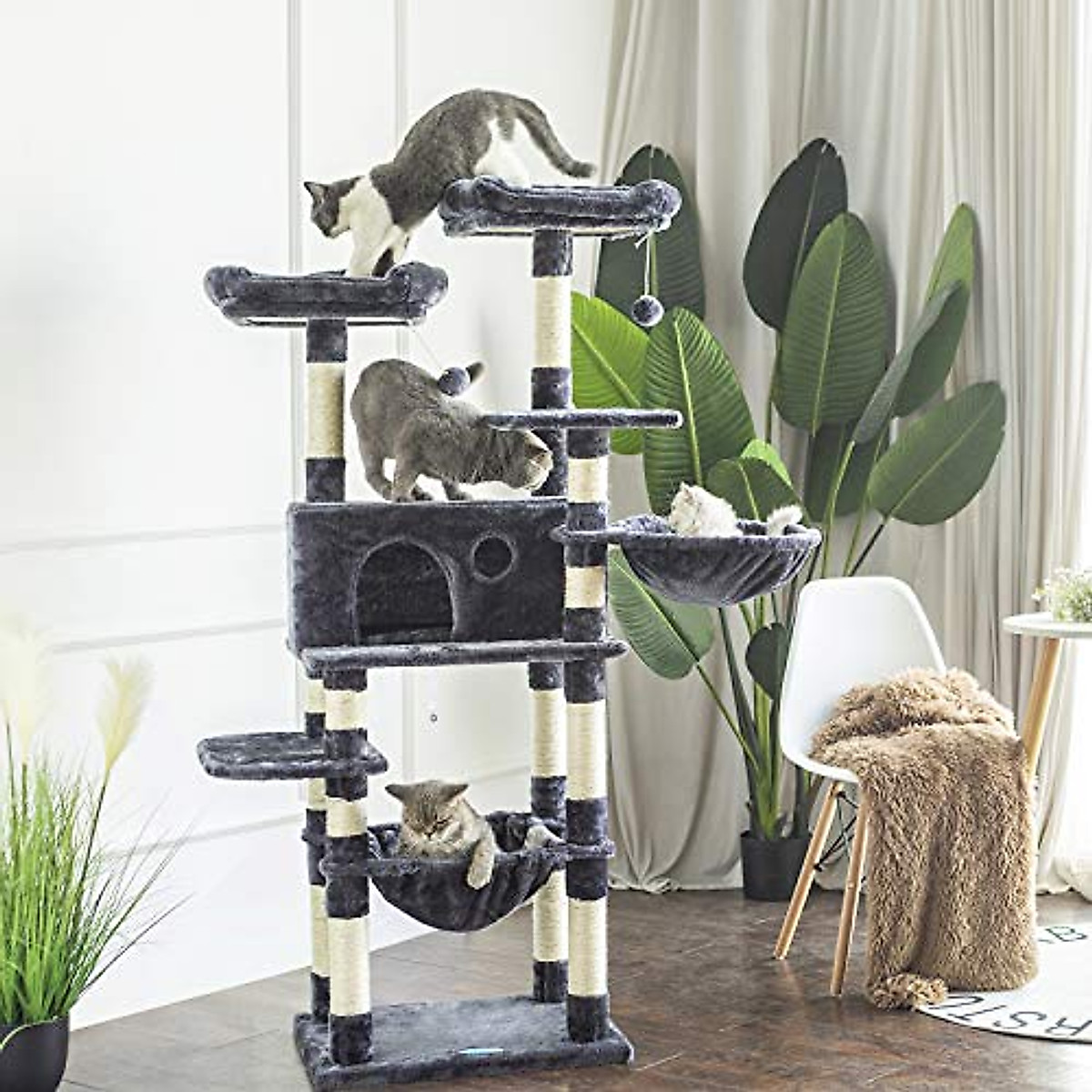 Hey-brother Multi-Level Cat Tree Condo for Large Cats, Cat Tower with Scratching Board, Padded Plush Perch and Cozy Basket Smoky Gray MPJ0025G