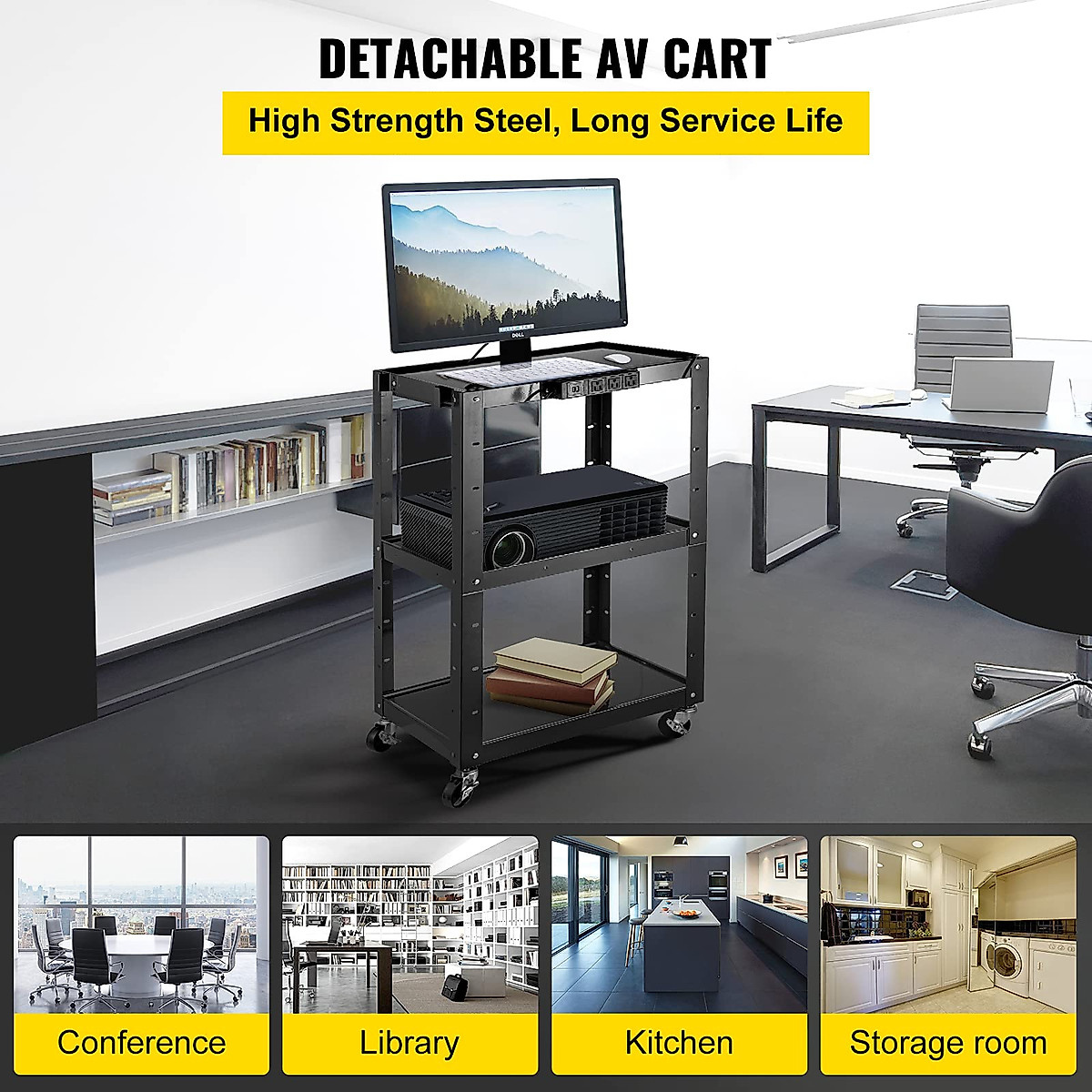 VEVOR Steel AV Cart, 24-42" Height Adjustable Media Cart with Electric Power Cord, 24 x 32 Presentation Cart with 3 Shelves, 150 LBS Rolling Projector Cart with and 2 Brakes Suitable for Load-Bearing