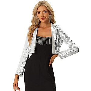 Allegra K Open Front Cardigan for Women's Notched Lapel Cropped Party Club Sparkly Sequin Blazer Large Silver
