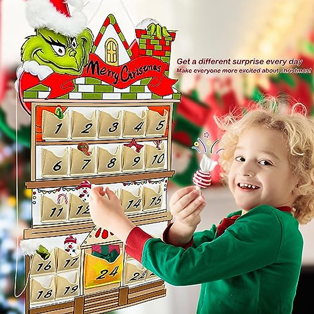 KOUPA Hanging Christmas Countdown Advent Calendar, Santa Grinch Green Haired Monster Decoration, Reusable Xmas Gift for Holiday Party Winter