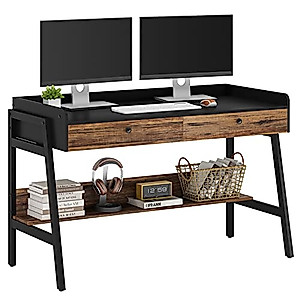 Tribesigns Computer Desk with 2 Large Drawers, 47 Inch Modern Home Office Desk with Storage Shelves, Industrial Writing Desk Study Table Workstation