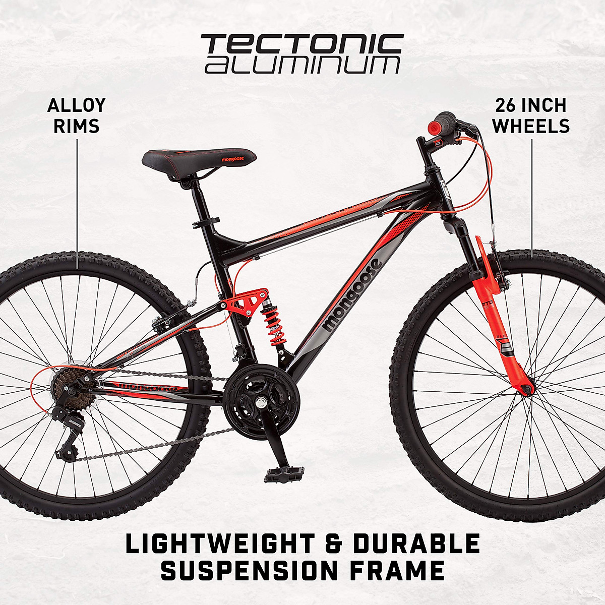 Mongoose Status 2.2 Mountain Bike for Men and Women, 26-Inch Wheels, 21-Speed Shifters, Aluminum Frame, Front Suspension, Black/Red