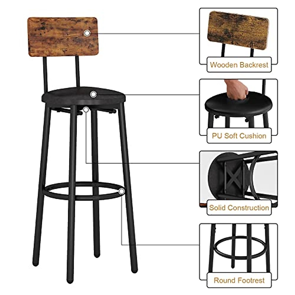 KIVENJAJA Bar Table and Chairs Set for 2, 3-Piece Small Square Pub Bistro Table and Upholstered Stools with Backrest, Counter Height Dining Table Set for Kitchen Small Space, Rustic Brown