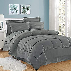 Sweet Home Collection 8 Piece Bed In A Bag with Dobby Stripe Comforter, Sheet Set, Bed Skirt, and Sham Set - King - Gray
