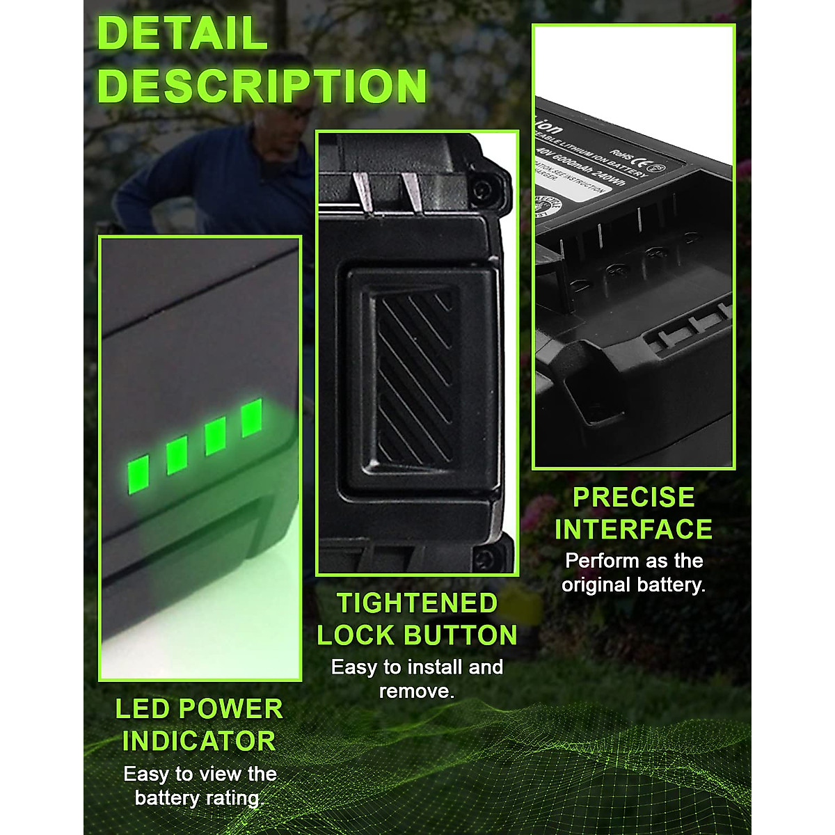 OP4026 6000mAh Replacement Battery Compatible with Ryobi 40V Lithium Battery OP4050A OP40601 OP4026A OP4040 OP4030 OP4050 OP4015 OP40261 OP40201 OP40301 OP40401 Cordless Power Tools(Green-2Pack)