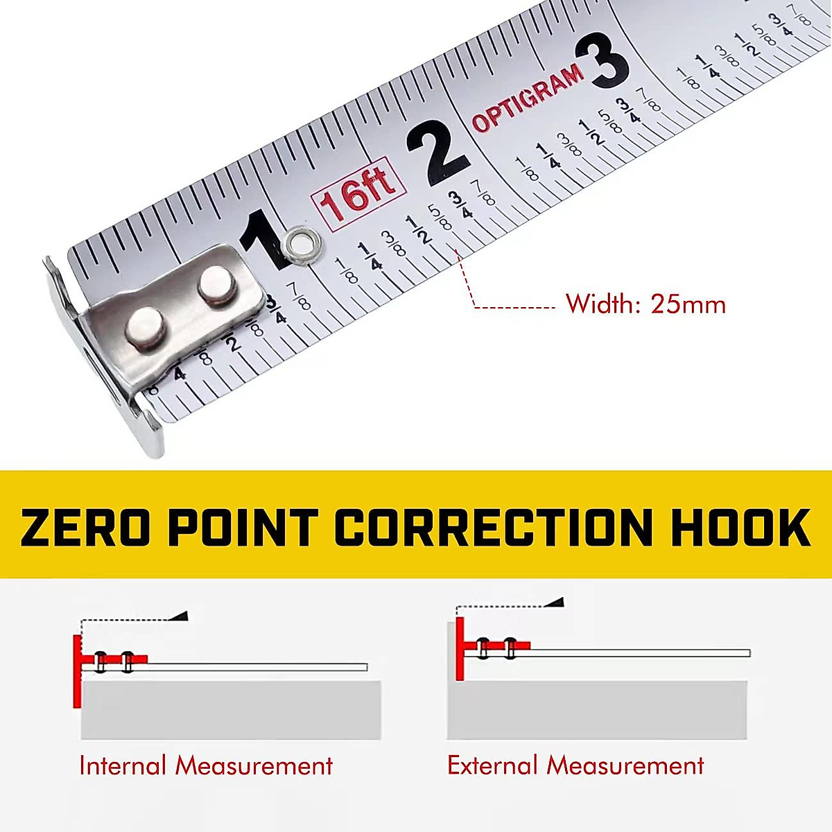 OPTIGRAM Retractable Stainless Steel Tape Measure, 1-Inch Ruler Blade, 16-Foot/5 Metric Both Side Dual Measuring Tape, Self-Lock, Impact Resistance, Hollow Design for Easy Clean(Metallic Silver)