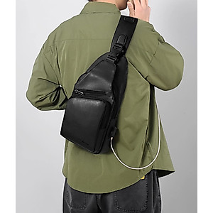 Xinteorao Men's Leather Sling Bag Shoulder Chest Crossbody Bag with USB Charging Port Black
