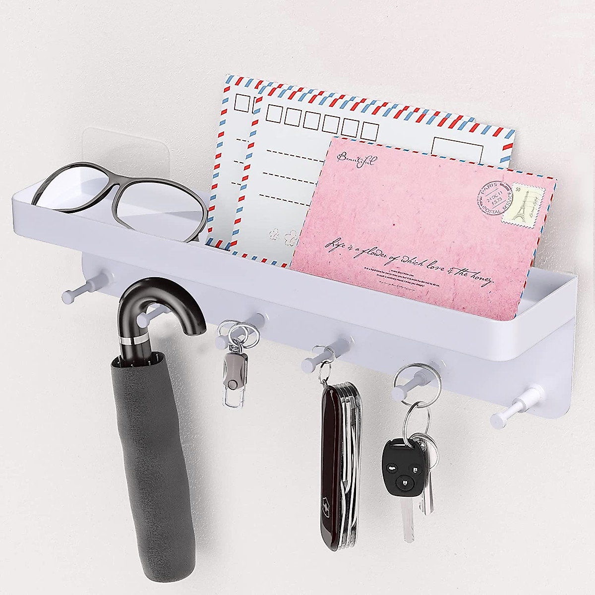 HAYAN Key Holder for Wall, Wall Mount Mail Key Hanger Organizer Shelf, Key Hooks Rack, Small Key Hanger for Home Entryway, Hallway, Kitchen, Office - White