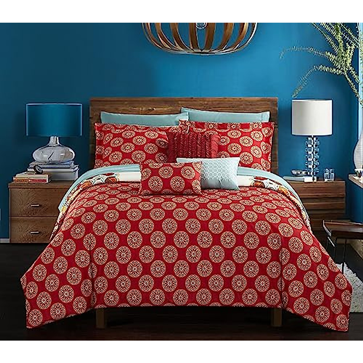 Chic Home CS5045-AN 10 Piece Aberdeen Large Scale Paisley Bohemian Reversible Printed with Embroidered Details. Queen Bed in a Bag Comforter Set Red