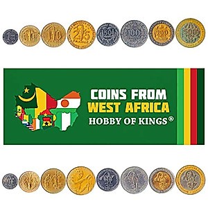 8 Coins from Western African States | West African Coin Set Collection 1 5 10 25 50 100 200 500 Francs | Circulated 1976-2021 | Nuts | Gazelle | Sawfish | Banana | Corn