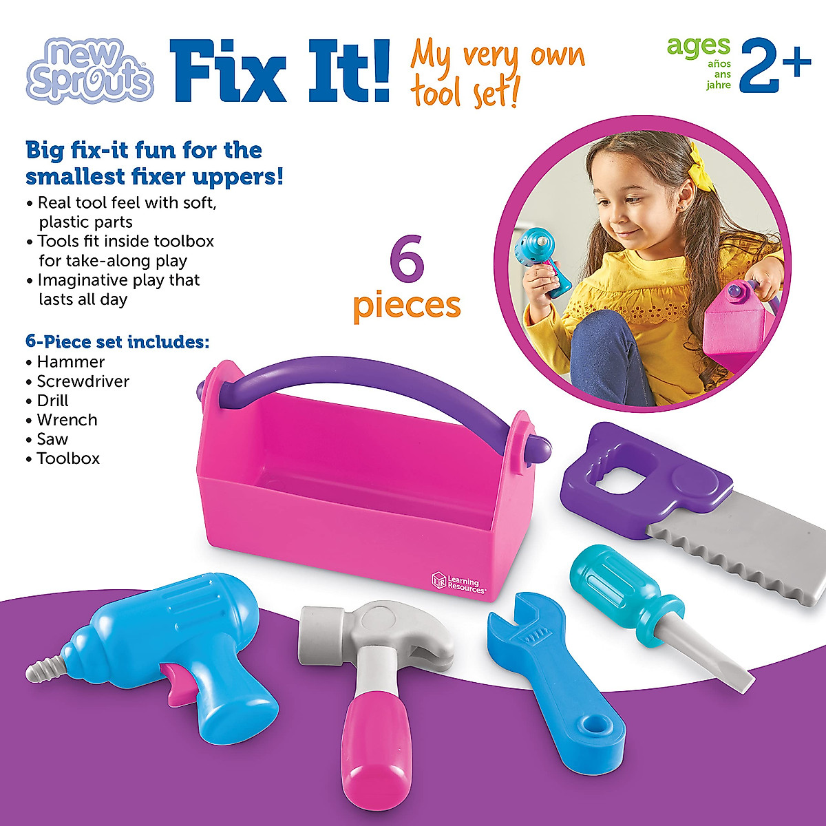 Learning Resources New Sprouts Fix It!, Pink Pretend Play Toy Tool Set for Toddlers, Develops Fine Motor Skills with Imaginative Construction Tools, Gift for Boys and Girls, 6 Pieces, Ages 2+