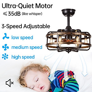 IYUNXI Caged Ceiling Fans with Lights Farmhouse, 18 Inch Flush Mount Vintage Bladeless Rustic Chandeliers Fan Remote Bedroom 6 Light E12 Bulb Base